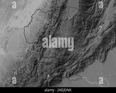 Cauca, department of Colombia. Grayscale elevation map with lakes and ...
