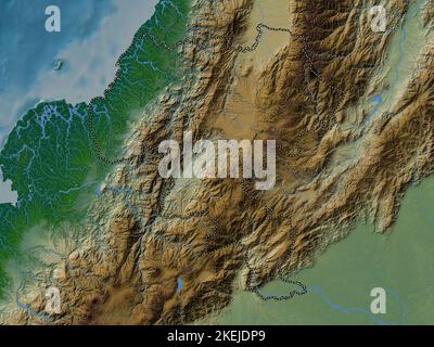 Cauca, department of Colombia. Colored elevation map with lakes and ...