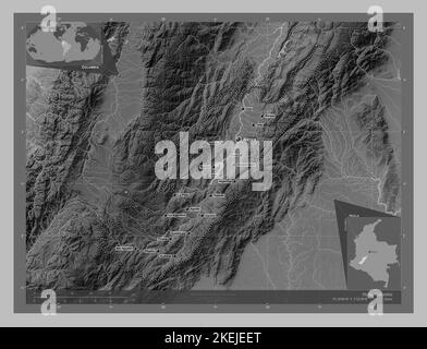 Huila, department of Colombia. Grayscale elevation map with lakes and ...