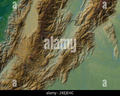 Huila, department of Colombia. Colored elevation map with lakes and ...