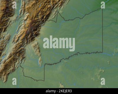 Meta, department of Colombia. Colored elevation map with lakes and ...