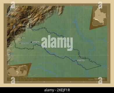 Putumayo, intendancy of Colombia. Colored elevation map with lakes and ...