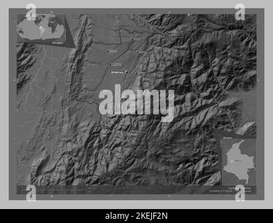Quindio, department of Colombia. Grayscale elevation map with lakes and ...