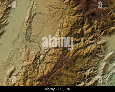Quindio, department of Colombia. Colored elevation map with lakes and ...