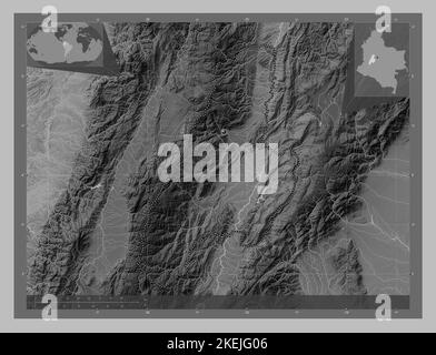 Tolima, department of Colombia. Grayscale elevation map with lakes and ...