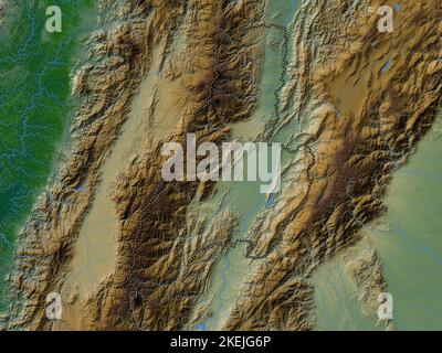 Tolima, department of Colombia. Colored elevation map with lakes and ...