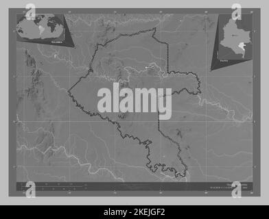 Vaupes, commissiary of Colombia. Grayscale elevation map with lakes and ...