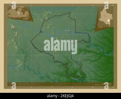 Vaupes, commissiary of Colombia. Colored elevation map with lakes and ...