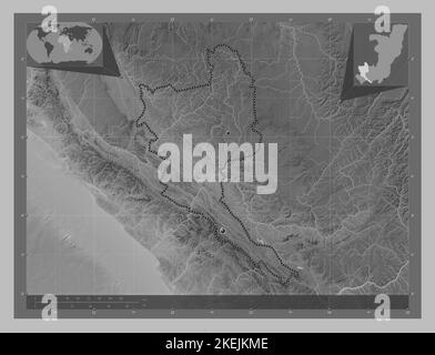 Niari, region of Republic of Congo. Grayscale elevation map with lakes ...