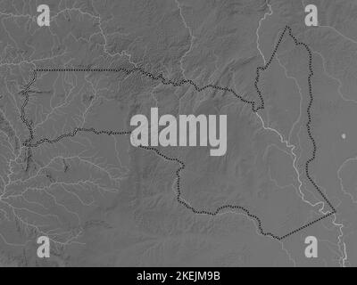 Sangha, region of Republic of Congo. Grayscale elevation map with lakes ...