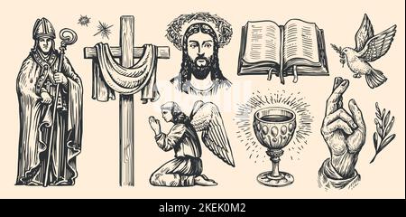 Collection of Bible symbols sketch. Religion concept vector. Hand drawn ...