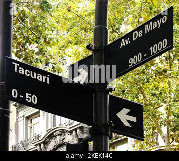 Signpost arrows with street names in the Buenos Aires city, Argentina ...