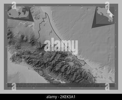 Limon, province of Costa Rica. Grayscale elevation map with lakes and ...