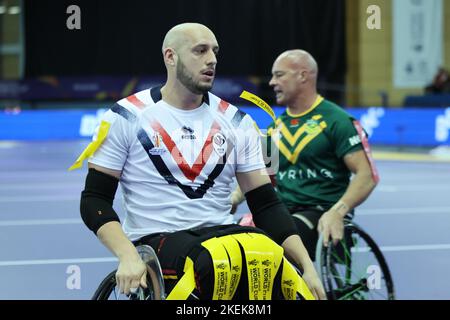 Jeremy Bourson of France celebrates their try with Mostefa Abassi of ...