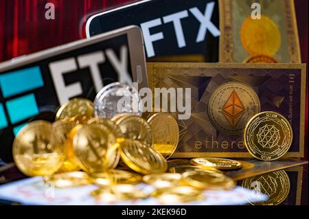FTX logo with crypto coins with 100 Dollar note are displayed for ...