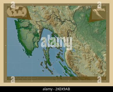 Primorsko-Goranska, county of Croatia. Colored elevation map with lakes ...