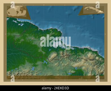 Holguin, province of Cuba. Elevation map colored in sepia tones with ...