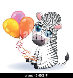 Cute cartoon zebra is sitting and holding balloons. Children's striped ...