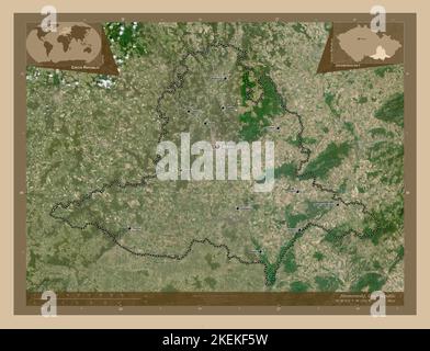 Jihomoravsky, region of Czech Republic. Low resolution satellite map. Locations of major cities ...