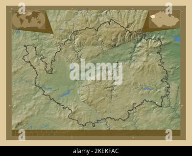 Karlovarsky, region of Czech Republic. Colored elevation map with lakes ...