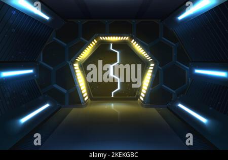 realistic vector illustration banner. Sliding hexagonal opening doors ...