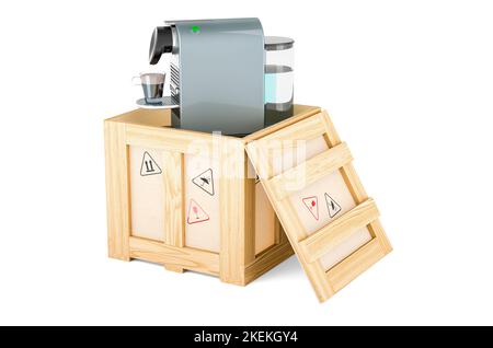 Coffee machine retro design inside cardboard box, delivery concept. 3D ...