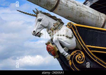 Unicorn figurehead below bowsprit of HMS Unicorn, sailing frigate of ...