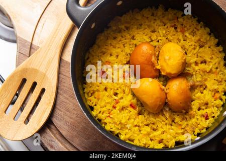 Goiânia, Goias, Brazil – November 13, 2022: A black pan with rice with ...