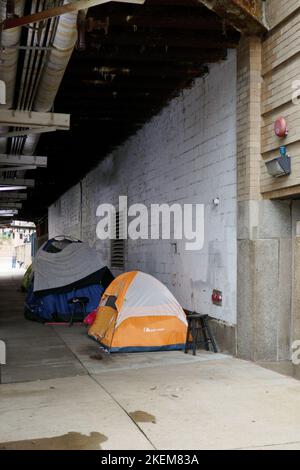 Homeless encampment under railroad viaduct, Milwaukee Avenue. Chicago ...