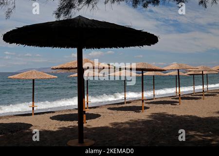 Anaxos beach at end of summer season. Lesbos, Greece. October 2022 ...