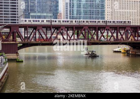 Lake Street Bridge Chicago with bridge inspection boat and inspectors ...