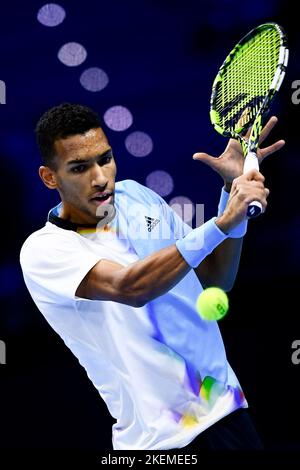 Felix Auger-Aliassime of Canada plays against Jannik Sinner of Italy in the men's singles ...