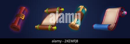 Cartoon parchment rolls, blank scrolls and royal paper banners. Open and convoluted antique ...