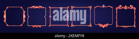 Set of square ui game frames, textured medieval borders of silver or steel metal with gems ...