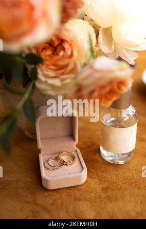 Ring With Flowers and Jewelry Box and Perfume Stock Photo - Alamy
