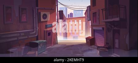 Empty dark urban backstreet with garbage containers. Cartoon vector ...