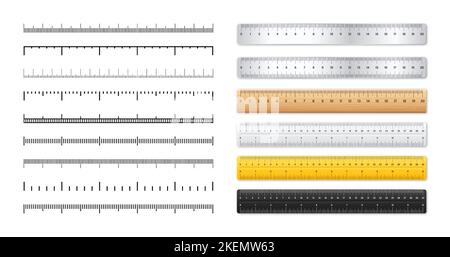 Realistic metal rulers with black inch scale for measuring length or ...