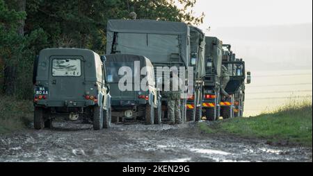 Britrish army Defender Wolf and MAN SV 4x4 Utility Trucks queued along ...