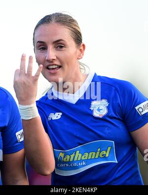 Cardiff, UK. 13th Nov, 2022. Robyn Pinder of Cardiff Met WFC vies for ...