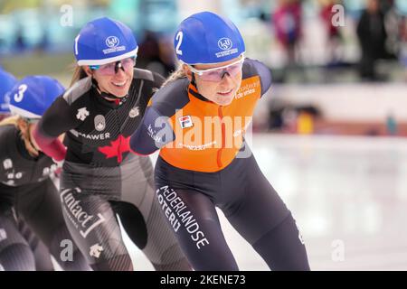 STAVANGER, NORWAY - NOVEMBER 13: Ivanie Blondin competing on the mass start during the ...