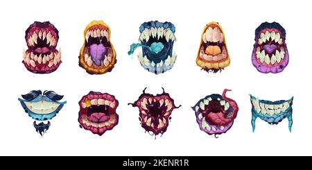 Cartoon monster mouths. Scary and funny mouth with teeth and tongue ...