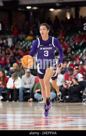 Kansas State guard Jaelyn Glenn (3) shoots over BYU guard Kaylee Smiler ...