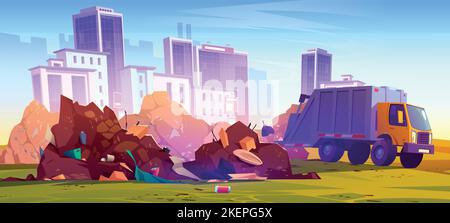 Garbage truck dumping rubbish at cityscape background. Wastes disposal ...