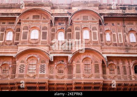 Mehrangarh Fort's vintage artistic design view with bright blue sky ...