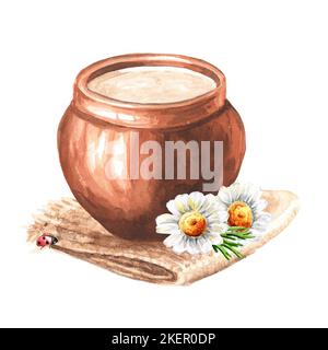 Ryazhenka or sour milk in the pot and fresh bread, Hand drawn ...