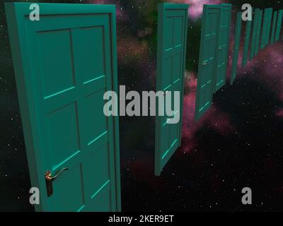 A line of green doors floating on a galaxy nebula space background - 3D ...