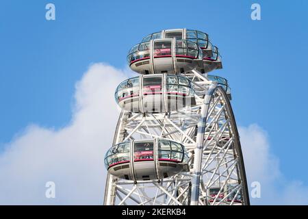 Closeup of passenger capsules on the London Eye, or Millennium Wheel ...