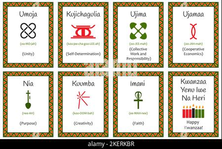 A set of cards with seven signs of the Kwanzaa principles. Symbol with ...