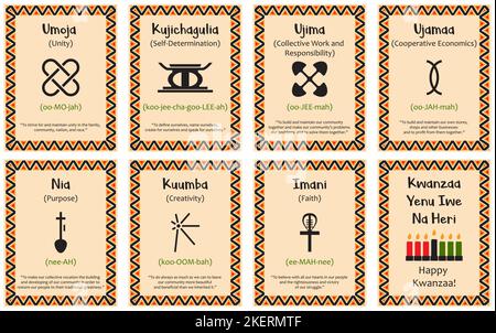 A set of cards with seven signs of the Kwanzaa principles. Symbol with ...