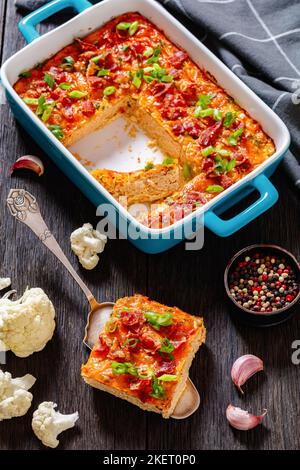 Riced Cauliflower Breakfast Bake topped with melted cheese, green onion ...